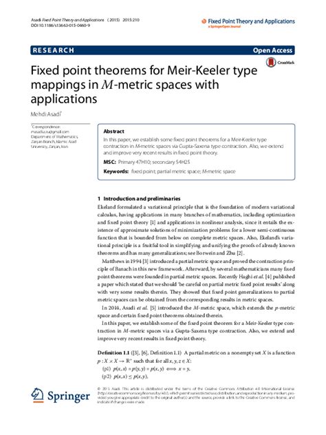 Pdf Fixed Point Theorems For Meir Keeler Type Mappings In M Metric Spaces With Applications