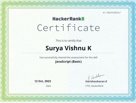 Completed Javascript Basics Certification On Hackerrank Surya