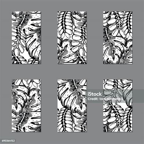 열 대 꽃 카드의 세트입니다 이국적인 잎 벡터 배너입니다 손으로 그린 흑백 그림입니다 0명에 대한 스톡 벡터 아트 및 기타