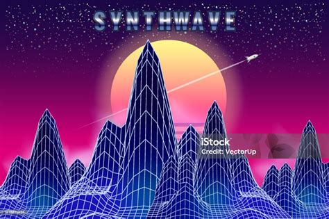 신스 웨이브 복고풍 배너 증기파 미적 배경 산 풍경 그리드 3d 일몰 80의 복고풍 1980 1989 년에 대한 스톡 벡터 아트 및 기타 이미지 1980 1989 년