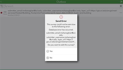 Solved Survey Send Database Error Possibly Due To Pullda Esri