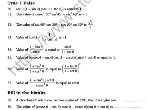 Cbse Class 10 Trigonometry Printable Worksheet Set A
