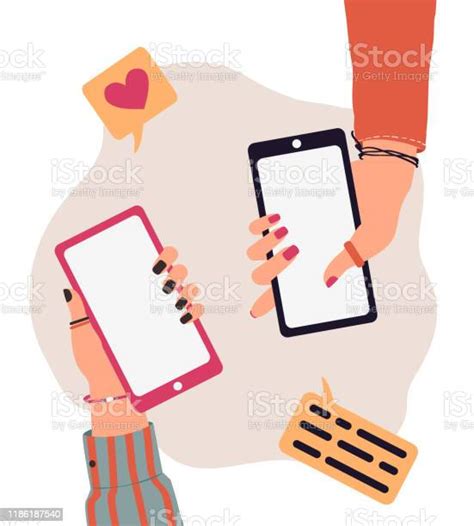 스마트 폰을 사용하여 만화 사람들의 손의 벡터 트렌디 한 그림 응용 프로그램 모의 업 전단지 프리젠 테이션 비즈니스용 휴대 전화를 들고 무기의 현대 통신 개념 개념에 대한
