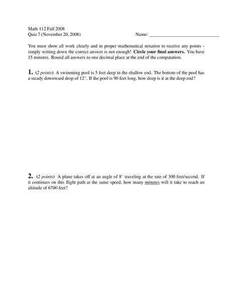 Elementary Functions Quiz 7 Questions Math 112 Docsity