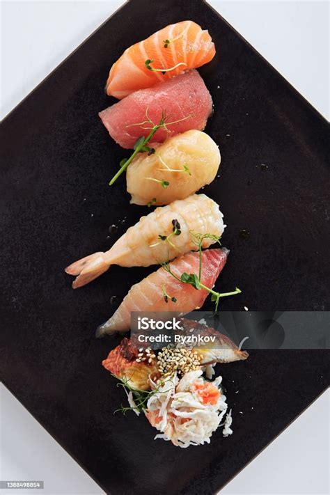 Japanese Nigiri Sushi Set Sushi With Rice And Various Seafood Salmon