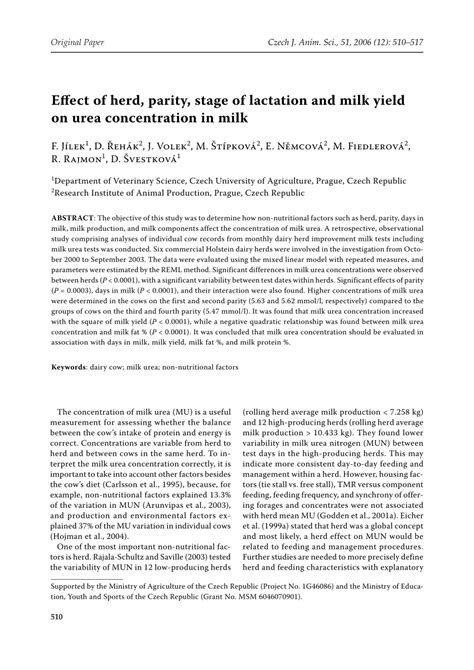 Pdf Effect Of Herd Parity Stage Of Lactation And Milk Yield On Urea