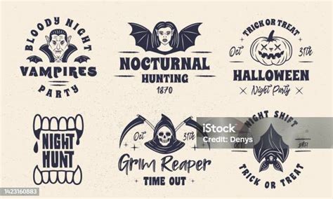 할로윈 빈티지 엠블럼 세트 뱀파이어 그림 사신 박쥐 엠블럼 할로윈 라벨 배지 디자인 티셔츠 타이포그래피를위한 복고풍 인쇄물 벡터 일러스트 레이 션 10월에 대한 스톡 벡터