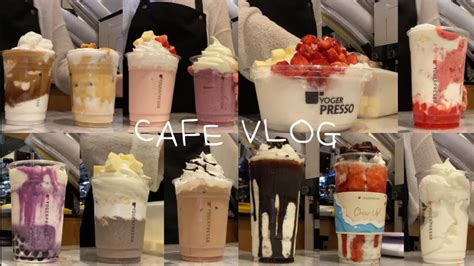 Eng🥤cafe Vlog요거프레소xl딸기쿠키스무디딸기치즈프라페자색고구마버블라떼달고나라떼블루베리요거트스무디허니브레드메리치즈 Youtube