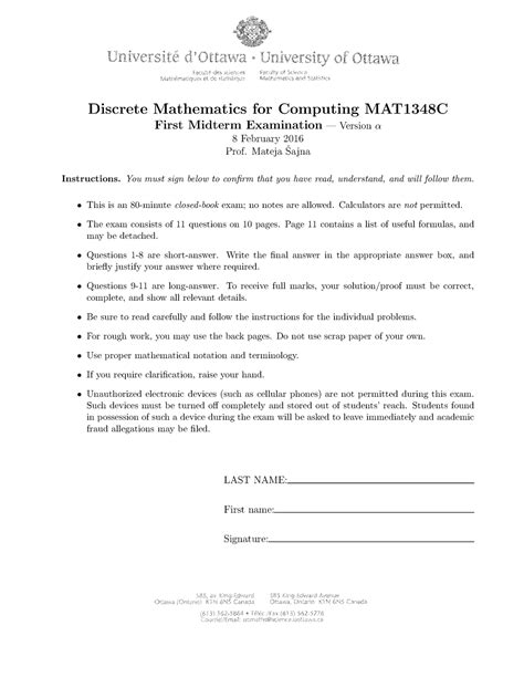 Midterm 16 1 Discrete Mathematics For Computing Mat1348c First