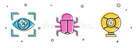 Set Eye Scan System Bug Laptop Protected With Shield And Browser Exclamation Mark Icon Vector