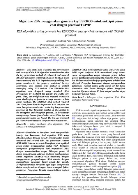 Pdf Rsa Algorithm Using Generate Key Esrkgs To Encrypt Chat Messages