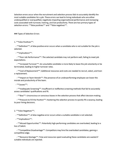 Selection Errors Occur When The Recruitment And Selection Process Fails To Accurately Identify