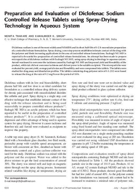 Pdf Preparation And Evaluation Of Diclofenac Sodium Controlled Release Tablets Using Spray
