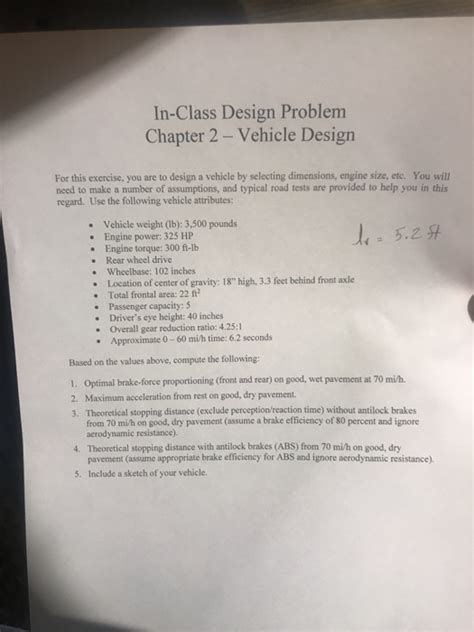 Solved In Class Design Problenm Chapter Vehicle Design For Chegg
