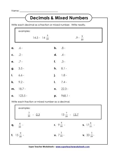 Mixed Numbers to Decimals Printable PDF Worksheet