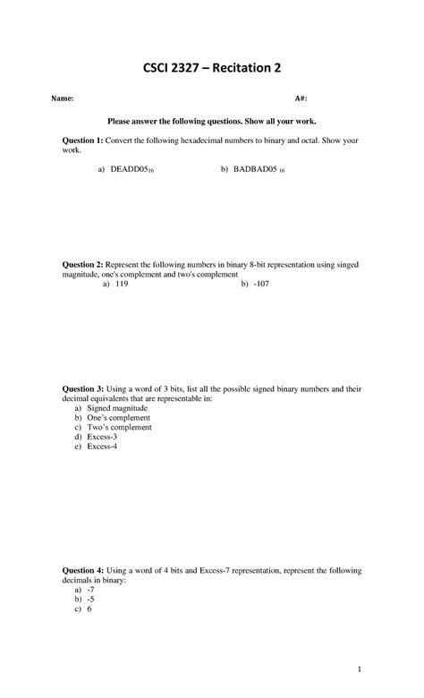 CSCI 2327 Recitation 2 1 CSCI 2327 Recitation 2 Name A Please Answer The Following