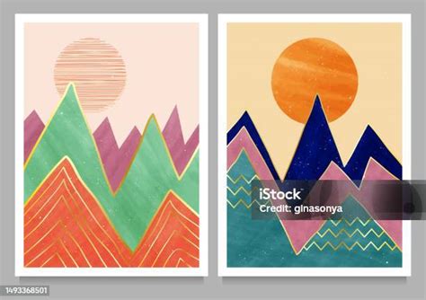 미드 센추리 모던 미니멀리스트 세트 추상적인 자연 바다 하늘 태양 바위 산 풍경 포스터 스칸디나비아 스타일의 기하학적 풍경 배경 벡터 그림 개체 그룹에 대한 스톡 벡터 아트