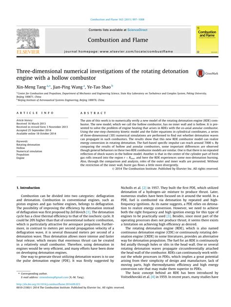 Pdf Three Dimensional Numerical Investigations Of The Rotating Detonation Engine With A Hollow