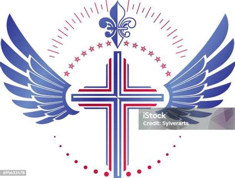 기독교 종교 상징의 크로스 새 날개와 로얄 릴리 꽃 구성 전 령 팔의 외 투 장식 고립 벡터 일러스트 레이 션 수호 천사입니다 고풍스런에 대한 스톡 벡터 아트 및 기타