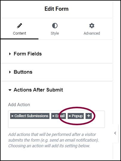 open a popup when a user submits a form elementor
