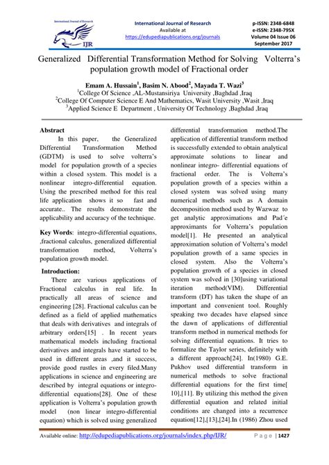 Pdf Generalized Differential Transformation Method For Solving Volterras Population Growth