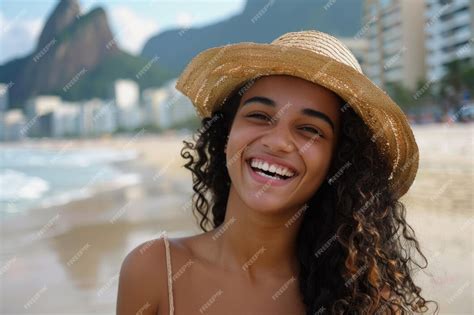 Beautiful Brazilian Girl On Rio Beach With Sunny Weather And Laughter