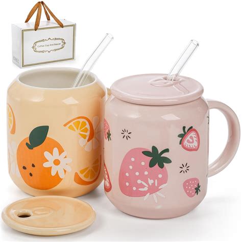 Noamus 2 Pack Cute Ceramic Mugs With Lid And Straw 13 Oz Fruits