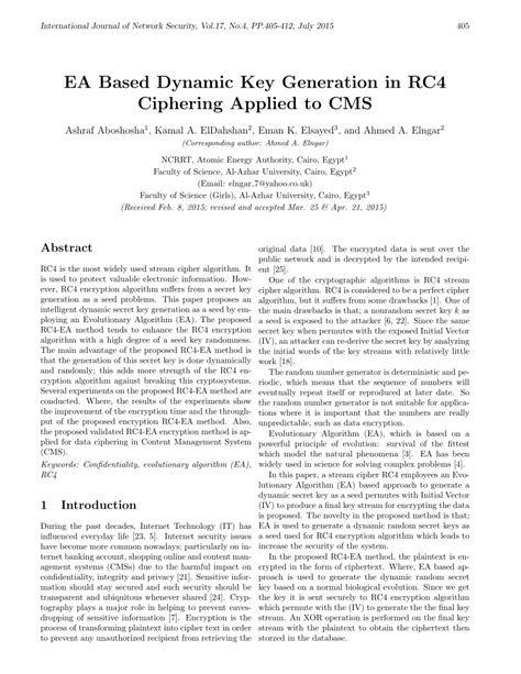 Pdf Ea Based Dynamic Key Generation In Rc4 Ciphering Applied To Cms