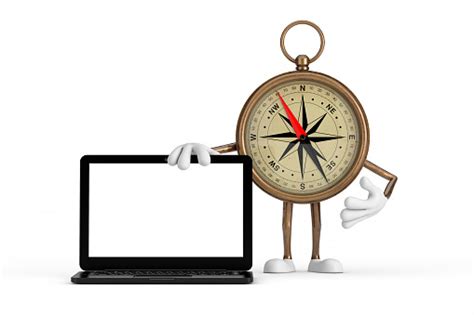 골동품 빈티지 황동 나침반 만화 사람 캐릭터 마스코트 현대 노트북 컴퓨터 노트북 및 빈 화면 디자인 3d 렌더링 3차원 형태에 대한 스톡 사진 및 기타 이미지 Istock