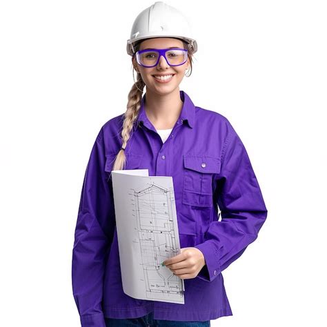 Female Engineer With Plan Of Wearing Light Purple Color Suit Isolated On A White Background