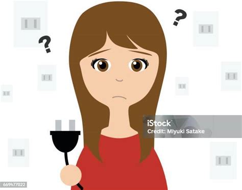 문제는 벽 소켓 또는 콘센트에 전원 코드를 들고 여자 선택 해야 걱정하는에 대한 스톡 벡터 아트 및 기타 이미지 걱정하는