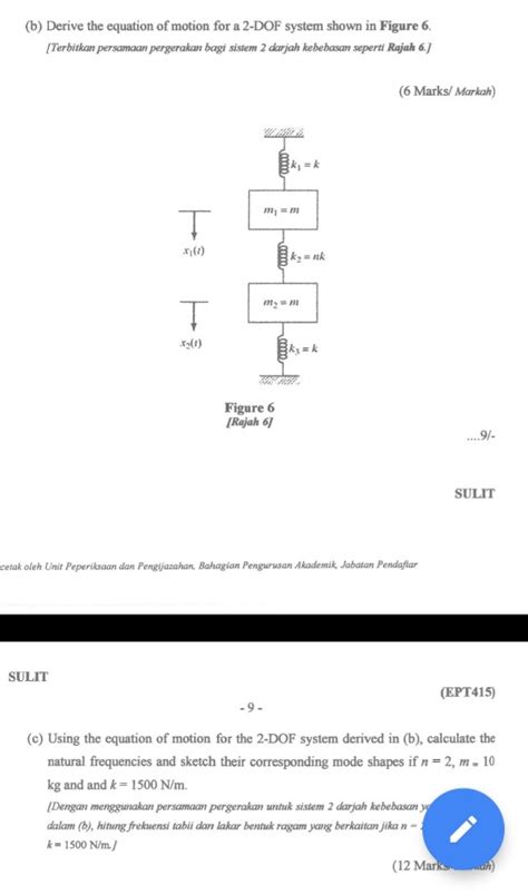 solved b derive the equation of motion for a 2 dof system