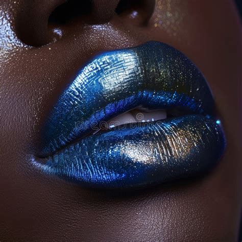 Detailed View Of A Womans Face Showcasing Bold Blue Lipstick That