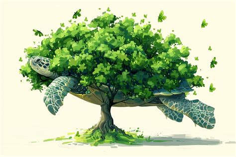 Turtle Tree With Butterflies Premium Ai Generated Image