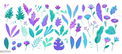 식물 미래 지향적 인 세트입니다 나뭇잎과 꽃은 추상적인 현대적인 평면 스타일로 장식되어 있다 심플한 디자인 흰색 배경에 분리된 요소입니다 벡터 귀여운 삽화입니다 0명에 대한