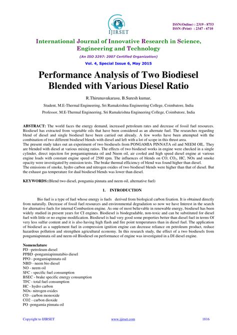 Pdf Performance Analysis Of Two Biodiesel Blended With Various Diesel Ratio