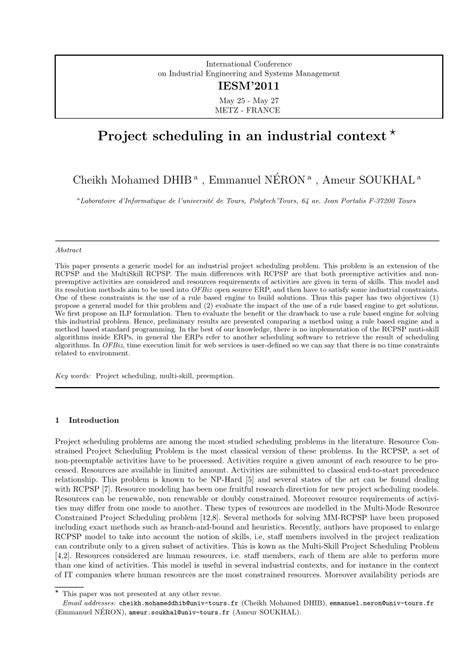 PDF Project Scheduling In An Industrial Context