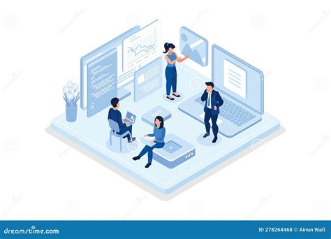 people characters developing new software on laptop developers team