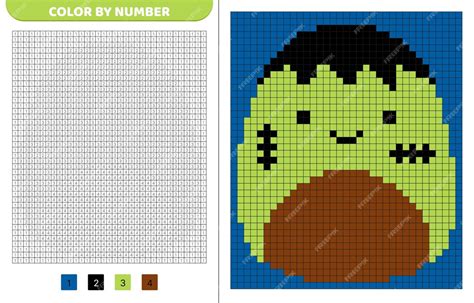좀비 할로윈 스퀴시멜로 숫자별 색상 픽셀 색칠하기 책 번호가 매겨진 사각형 어린이를 위한 게임 픽셀 아트 격리된 벡터 그림 Eps 10 프리미엄 벡터