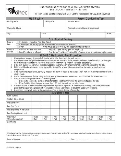 DHEC Form 2562 Download Printable PDF Or Fill Online Spill Bucket Integrity Testing South
