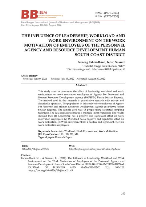 Pdf The Influence Of Leadership Workload And Work Environment On The
