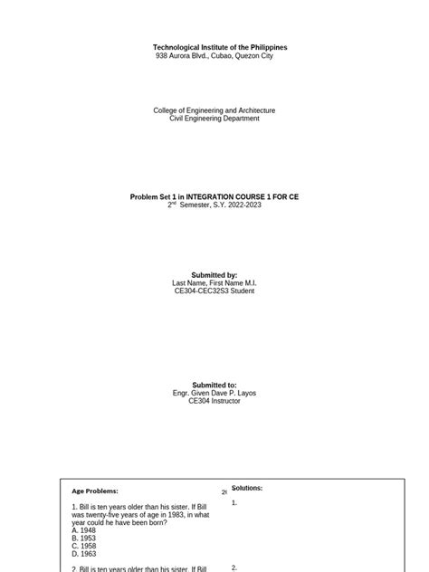 Integ 1 Problem Set 1 Front Page Pdf
