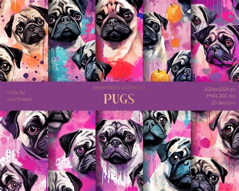 Seamless Watercolour Pugs Digital Paper Mops Seamless Pattern Pink