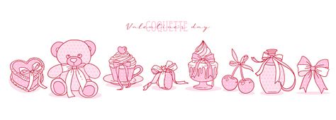 발렌타인 데이 요괴 클립 아트 귀여운 로맨틱 미학과 공예 리본 핑크 리본 및 물방울 무늬 설정 벡터 윤곽선 손으로 그린 그림입니다 나비매듭에 대한 스톡 벡터 아트 및 기타