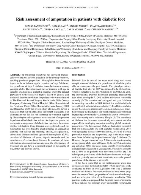 Pdf Risk Assessment Of Amputation In Patients With Diabetic Foot
