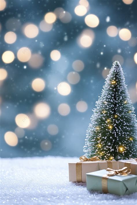 크리스마스 트리는 흐린 보케 배경에 선물 상자가 있는 겨울 풍경에 서 있다 배경 화면 및 일러스트 무료 다운로드 Pngtree