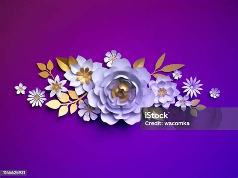 3d 렌더링 화이트 골드 종이 꽃 꽃 테두리 식물 네온 바이올렛 배경 축제 장식 꽃 식물에 대한 스톡 사진 및 기타 이미지
