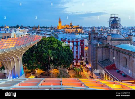 Metropol Parasol Wooden Structure With Seville City Skyline In The Old Quarter Of Seville In