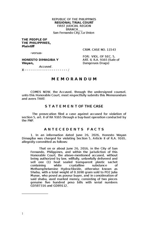 Legal Memorandum Sample Republic Of The Philippines Regional Trial Court First Judicial Region