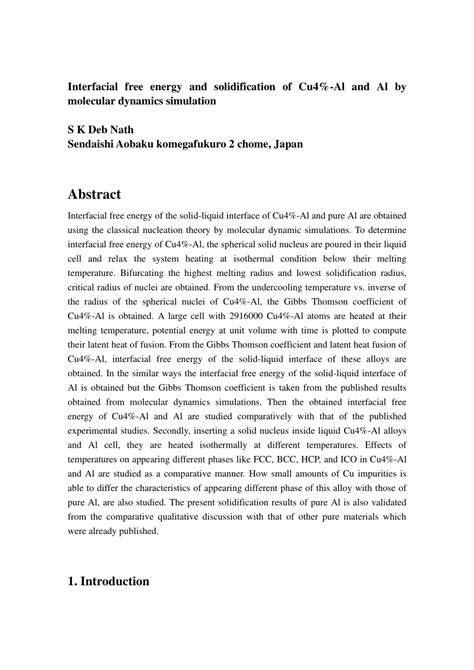 Pdf Interfacial Free Energy And Solidification Of Cu4 Al And Al By Molecular Dynamics Simulation